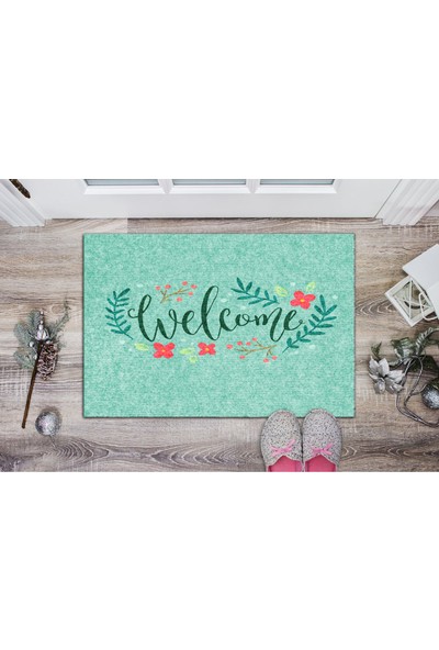 Ibsalpin Bayrak Welcome Yazılı Çiçek Desenli Dijital Baskılı Kaymaz Taban Paspas