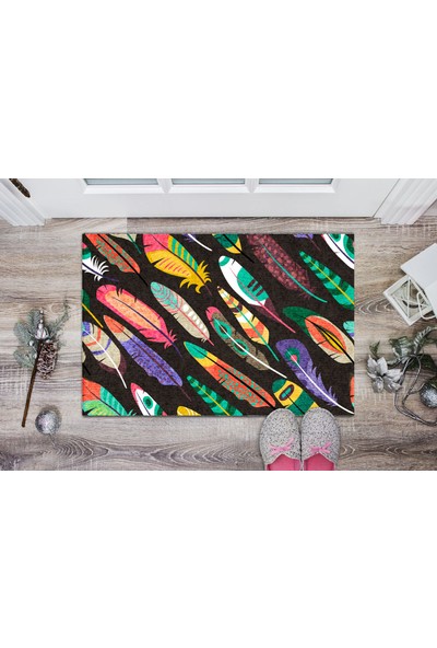 Ibsalpin Bayrak Renkli Tüyler Desenli Dijital Baskılı Kaymaz Taban Paspas