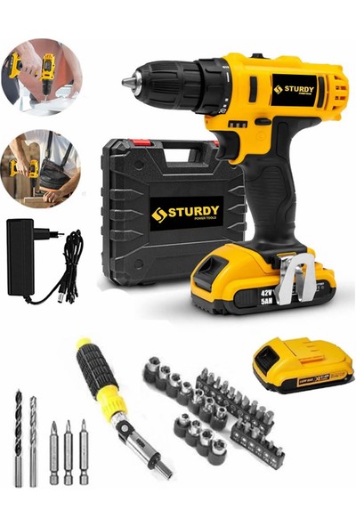 Sturdy 42VF 5A Çift Akülü X-Specific Vidalama Matkap Set Hediyeli 39 Parça