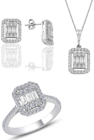Söğütlü Silver Gümüş Baget Taşlı Üçlü Set