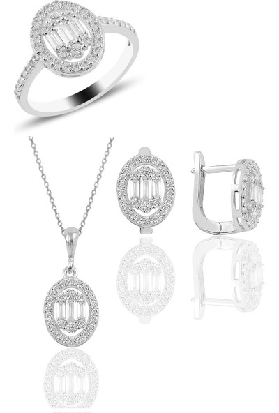 Söğütlü Silver Gümüş Rodyumlu Oval Gümüş Baget Taşlı Üçlü Set Söğütlü Silver Gümüş Rodyumlu Oval Gümüş Baget Taşlı Üçlü Set