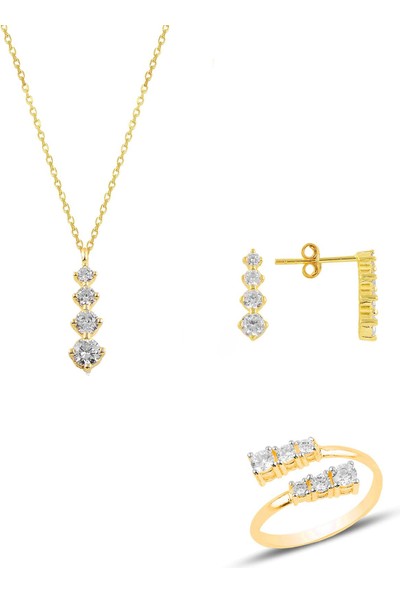 Söğütlü Silver Gümüş Altın Yaldızlı Zirkon Taşlı Pırlanta Modeli Pırıltı Üçlü Set