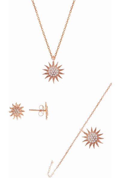Söğütlü Silver Gümüş Rose Zirkon Taşlı Güneş Üçlü Set