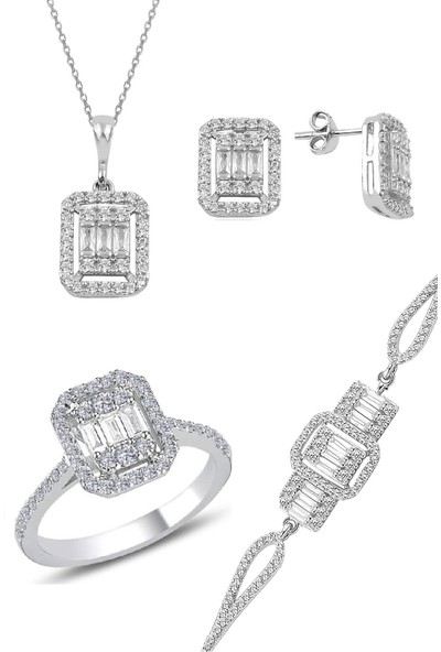 Söğütlü Silver Gümüş Rodyumlu Baget Taşlı Dörtlü Set