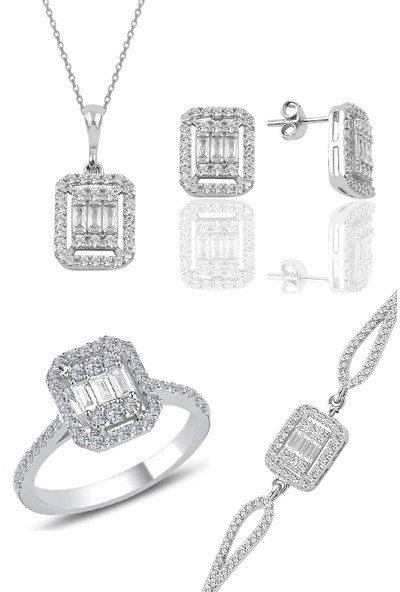 Söğütlü Silver Gümüş Rodyumlu Baget Taşlı Dörtlü Set