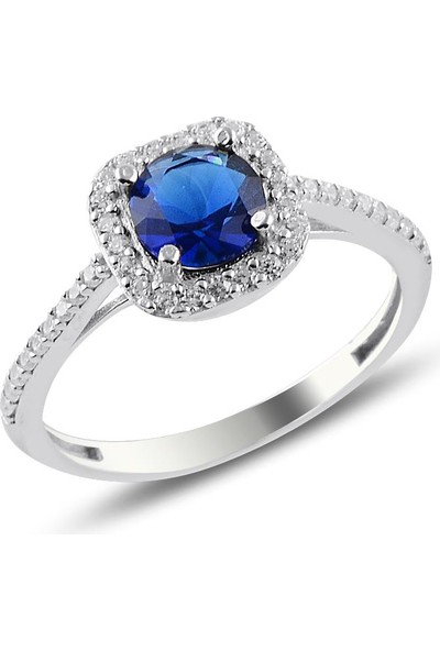 Söğütlü Silver Gümüş Rodyumlu Safir Taşlı Kare Yüzük
