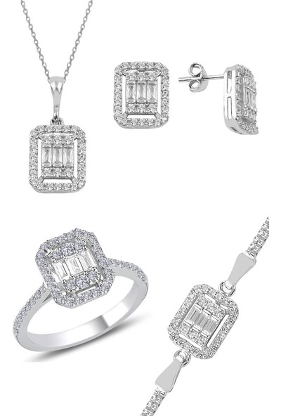 Söğütlü Silver Gümüş Rodyumlu Çizgili Baget Taşlı Dörtlü Set