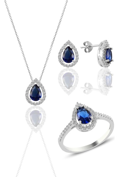 Söğütlü Silver Gümüş Rodyumlu Safir Taşlı Damla Modeli Üçlü Set Söğütlü Silver Gümüş Rodyumlu Safir Taşlı Damla Modeli Üçlü Set