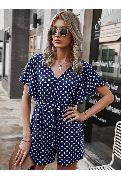 Gogoo Puantiyeli Bol Rahat Tulum Şort-Morumsu Mavi