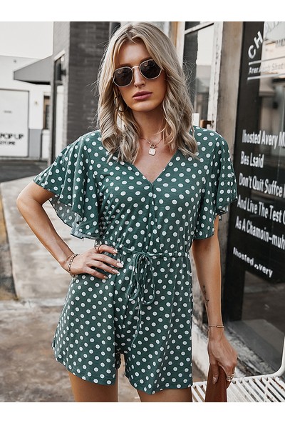 Gogoo Puantiyeli Bol Rahat Tulum Şort-Yeşil