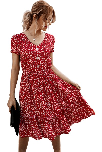 Gogoo Baskılı Yazlık Elbise-Kırmızı