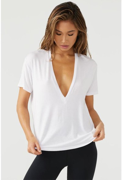 Soufeel Geniş Degaje V Yaka Kadın Beyaz Tişört