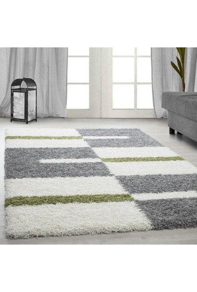 Ayyıldız Desenli Shaggy Halı Kareli ve Çizgili Motif 3 cm Hav Yüksekliği Gri Yeşil Beyaz Renkli