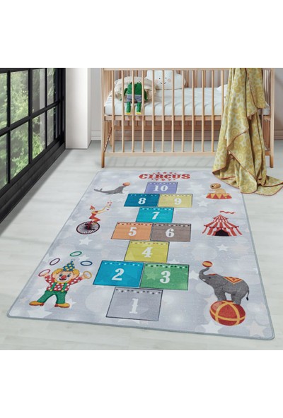 Ayyıldız Çocuk Bebek Odası Oyun Halısı Sirk ve Seksek Temalı Gri Tonlarda Ayyıldız Çocuk Bebek Odası Oyun Halısı Sirk ve Seksek Temalı Gri Tonlarda