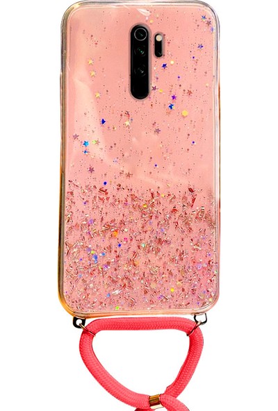 Zebana Xiaomi Redmi Note 8 Pro Kılıf Zebana Simli Askılı Silikon Kılıf Pembe