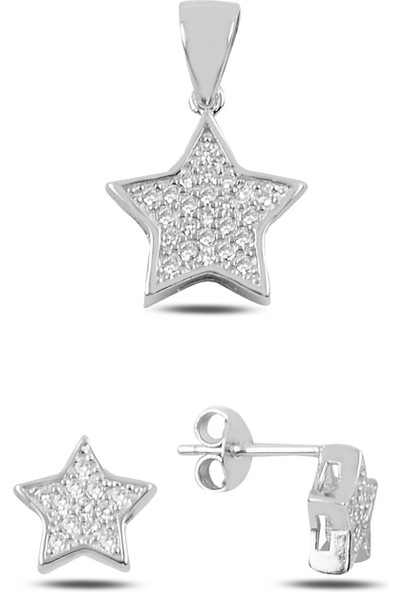 Gümüşhane Silver Zirkon Taşlı Yıldız Küpe & Kolye Ucu Set