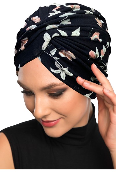 Fidan Bone Desenli Çapraz Penye Lacivert Renkli Çiçek Motifli Hazır Türban Tesettür Havuz Bonesi