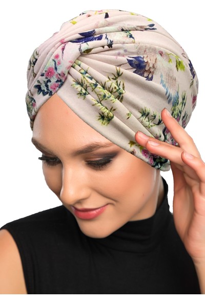 Fidan Bone Desenli Çapraz Penye Pudra Çiçek Motifli Hazır Türban Tesettür Havuz Bonesi