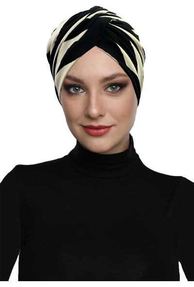 Fidan Bone Desenli Çapraz Penye Siyah Zebra Desenli Hazır Türban Tesettür Havuz Bonesi