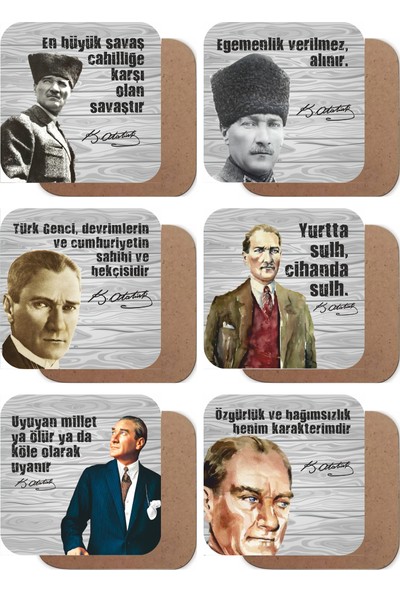 Hayat Poster Mustafa Kemal Atatürk 6lı Ahşap Bardak Altlığı Seti
