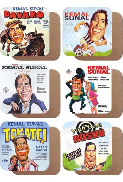 Hayat Poster Kemal Sunal Yeşilçam Afişleri Retro 6lı Ahşap Bardak Altlığı Seti