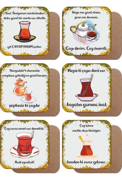 Hayat Poster Çayla Ilgili Güzel Sözler Temalı 6lı Ahşap Bardak Altlığı Seti