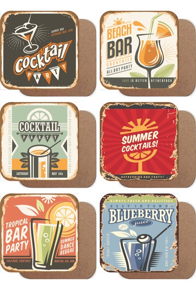 Hayat Poster Kokteyl Temalı Retro Vintage 6lı Ahşap Bardak Altlığı Seti