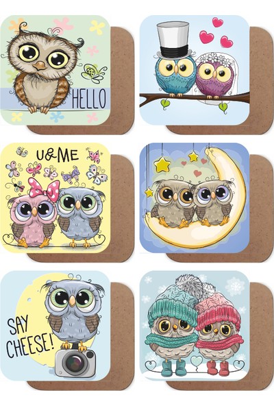 Hayat Poster Aşık Baykuşlar 6lı Ahşap Bardak Atlığı Seti