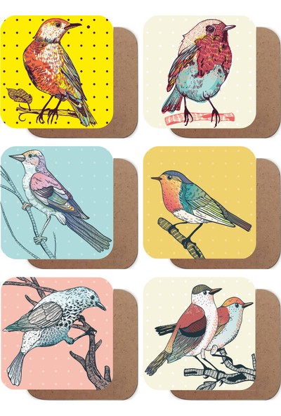 Hayat Poster Kuşlar 6lı Ahşap Bardak Altlığı Seti