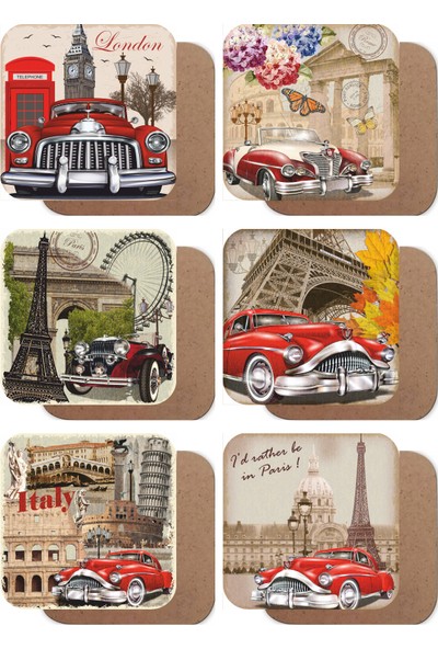 Hayat Poster Londra Paris Roma Klasik Arabalar 6lı Ahşap Bardak Altlığı Seti