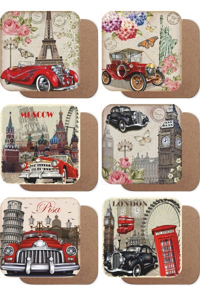 Hayat Poster Paris Roma Londra Moskova Newyork Klasik Arabalar 6lı Ahşap Bardak Altlığı Seti