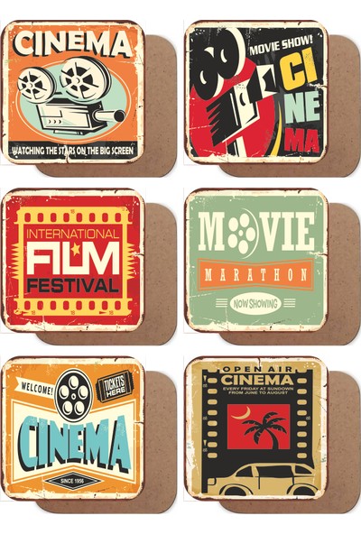 Hayat Poster Retro Sinema Temalı 6lı Ahşap Bardak Altlığı Seti Hayat Poster Retro Sinema Temalı 6lı Ahşap Bardak Altlığı Seti