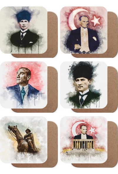 Hayat Poster Mustafa Kemal Atatürk Yağlıboya 6lı Ahşap Bardak Altlığı Seti