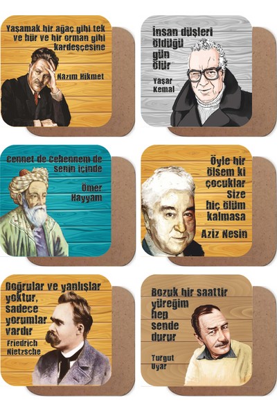 Hayat Poster Nazım Hikmet, Yaşar Kemal, Aziz Nesi Edebiyat Temalı 6lı Ahşap Bardak Altlığı Seti Hayat Poster Nazım Hikmet, Yaşar Kemal, Aziz Nesi Edebiyat Temalı 6lı Ahşap Bardak Altlığı Seti