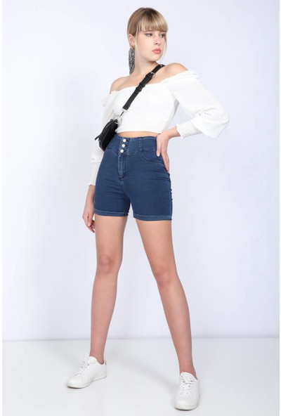 Kadın Yüksek Bel Süper Skinny Şort Koyu Mavi