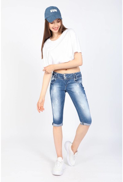 Blue White Kadın Düşük Bel Paçası Katlı Kapri Blue White Kadın Düşük Bel Paçası Katlı Kapri