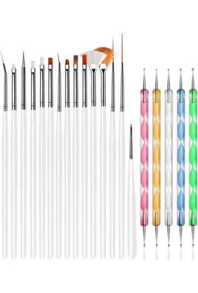 Sinka Tırnak Süsleme Tasarım Seti- 15'li Fırça ve 5'li Dot Süsleme Kalemi Set