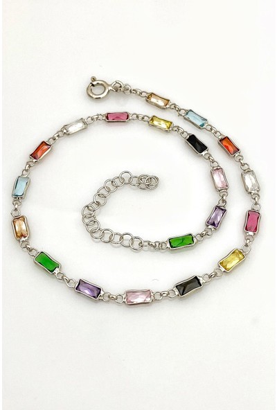 MaGümüş Baget Zirkon Renkli Taşlı 925 Gümüş Halhal Bileklik