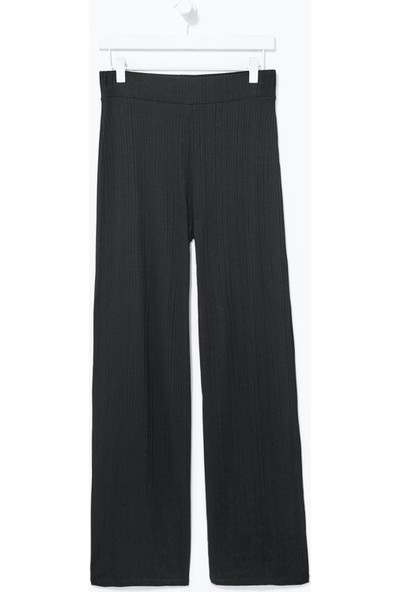 Kübra tekstil Kadın Siyah Nervürlü Geniş Paça Pantolon