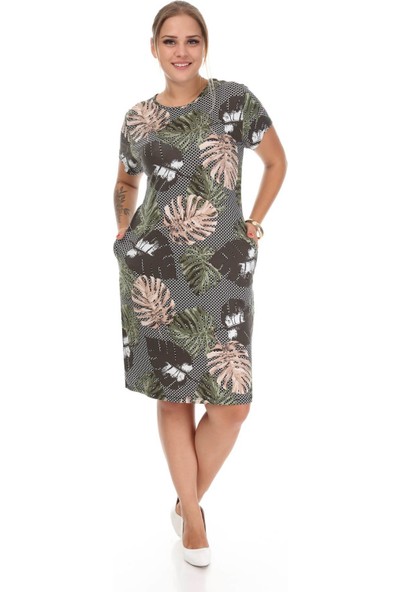 Modayız Yeşil Desenli Cepli Büyük Beden Elbise 5C-1223