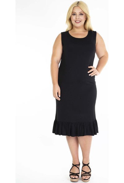Modayız Siyah Eteği Fırfırlı Askılı Büyük Beden Elbise 25D-1201