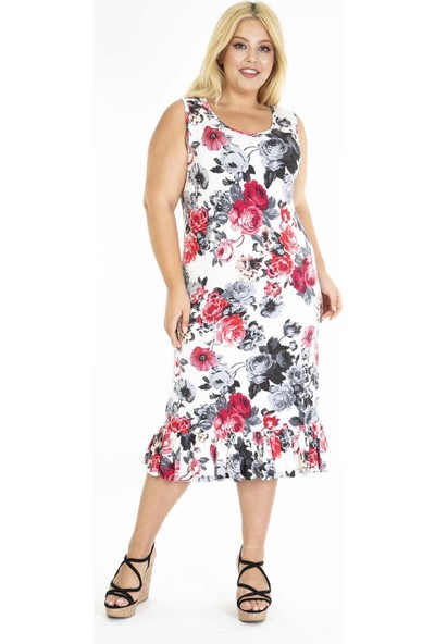 Modayız Desenli Eteği Fırfırlı Beyaz Büyük Beden Elbise 31C-1204 Modayız Desenli Eteği Fırfırlı Beyaz Büyük Beden Elbise 31C-1204