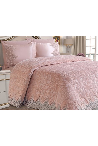 Çeyiz Diyarı Fransız Dantelli Ebrar Battaniye Takımı Pudra