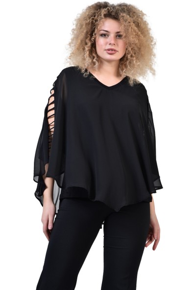 Buketli Siyah Kol Detaylı Tül Bluz