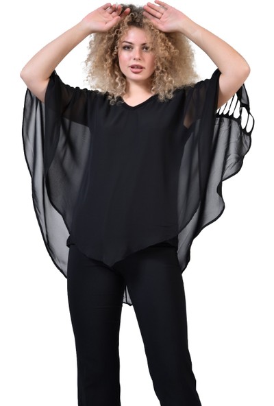 Buketli Siyah Kol Detaylı Tül Bluz