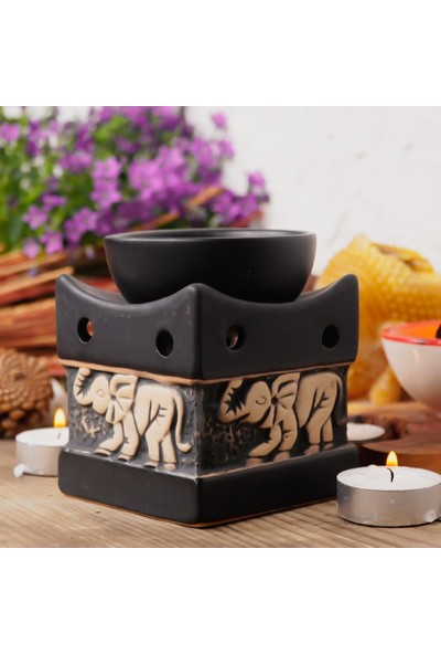 Mitr Dekoratif Fil Temalı Eskitme Seramik Buhurdanlık (Siyah)