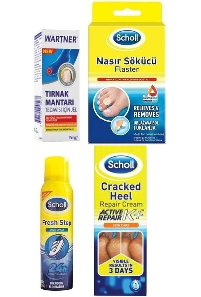 Scholl Nasır Sökücü Flaster 8 Adeti+Koku Önleyici Ayakkabı Spreyi+Topuk Kremi+Wartner Tırnak Mantar Jel Scholl Nasır Sökücü Flaster 8 Adeti+Koku Önleyici Ayakkabı Spreyi+Topuk Kremi+Wartner Tırnak Mantar Jel