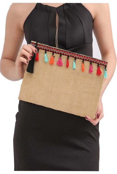 Ju Yaratıcı Tasarım Hasır Kadın Portföy & Clutch Çanta Kırmızı