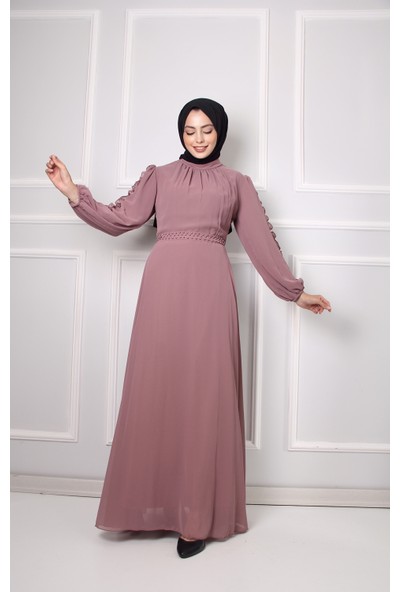 Moda Echer Tesettür Abiye Şifon Fırfır Kol Inci Detaylı Taşlı Kemer Aksesuarlı Elbise 7628