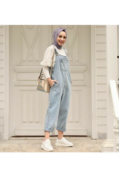 Nacar Çarşı Kadın Hamile Mavi Rahat Kalıp Kot Tulum